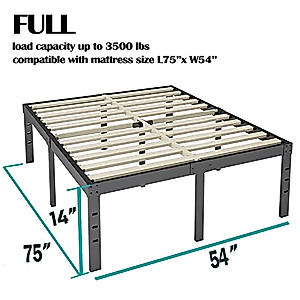 Auroral Zone Full Size Bed Frame 14 Inch High, 3" Wide Wood Slats with Better Support for Foam Mattress No Sagging, No Slip, No Box Spring Needed, Noise Free/Easy Assembly-Black