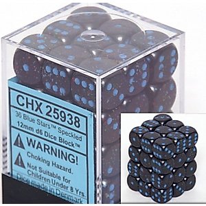 Chessex Dice d6 Sets: Blue Stars Speckled - 12mm Six Sided Die (36) Block of Dice