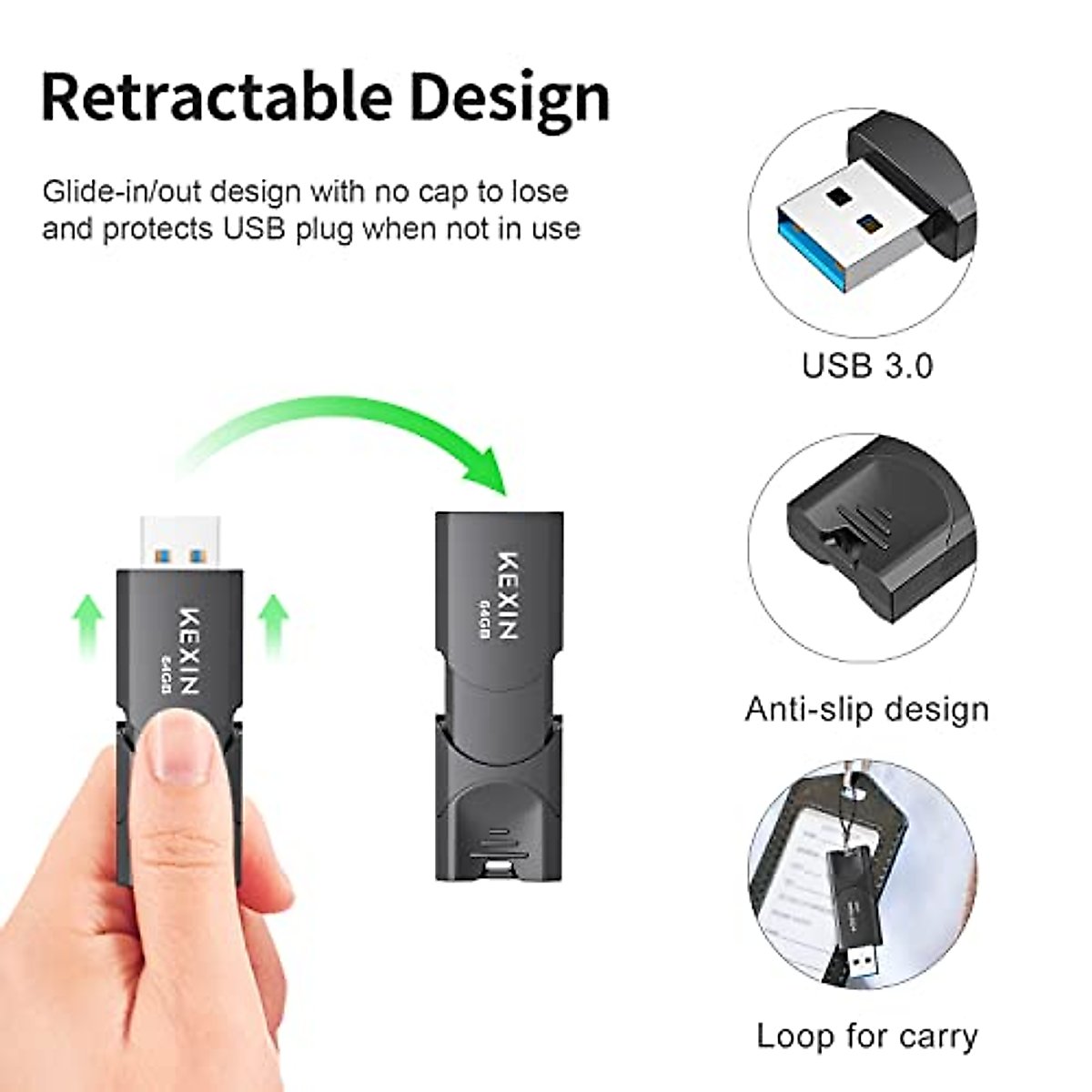 KEXIN Flash Drive 64GB USB 3.0 Flash Drive Thumb Drive 64 GB USB Drive Bulk Jump Drive 64G Memory Stick Jump Drive with LED Light for Data Storage Black 3 Pack