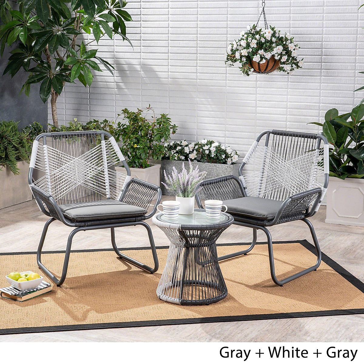 Christopher Knight Home Aiden Outdoor 3 Piece Faux Rattan Chair Set, Gray and White