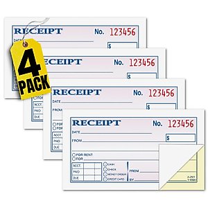1InTheOffice Money Rent Receipt Book, 2 Part Carbonless, 2.75" x 4.78", 250 Sheets/Book, 4 Pack