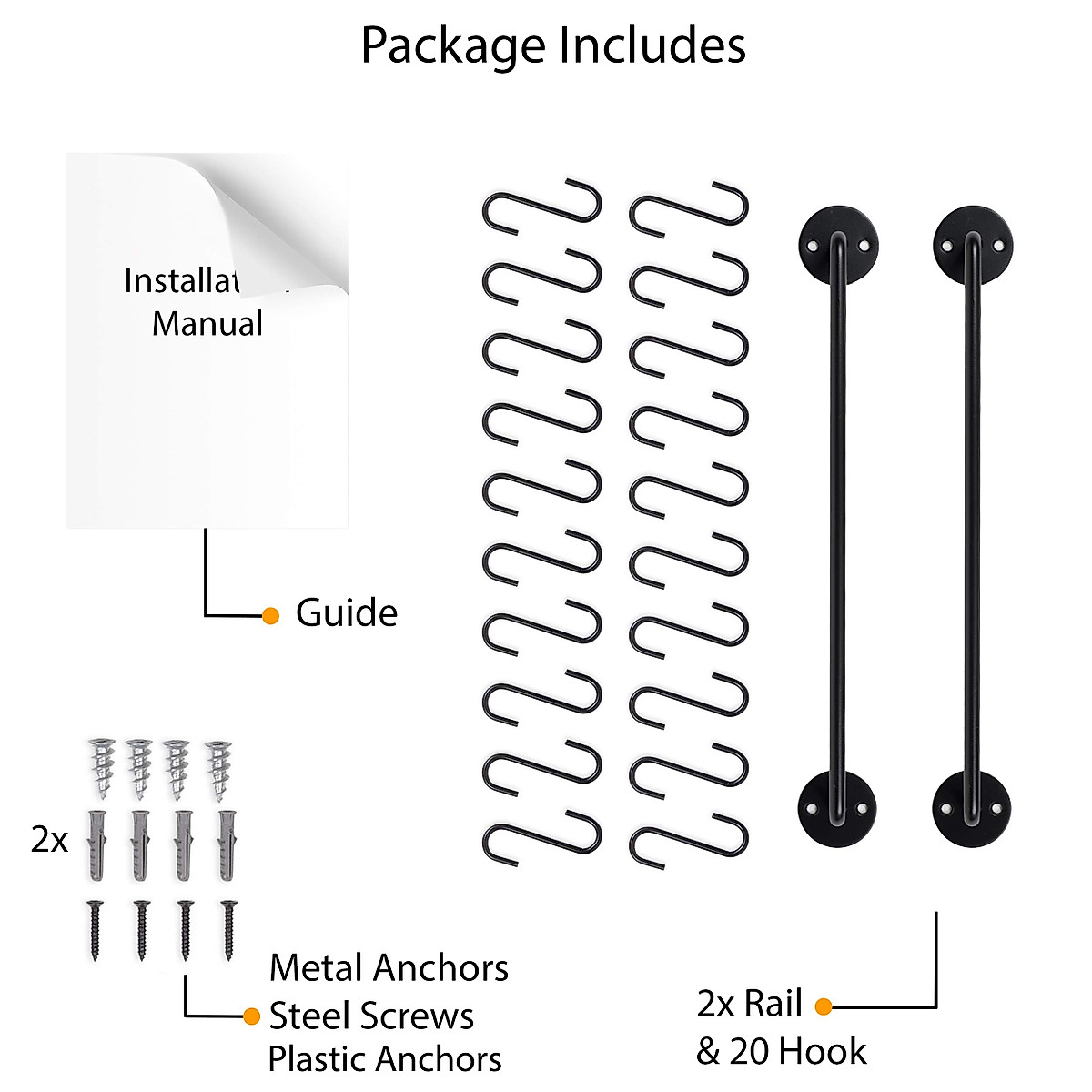 Wallniture Cucina 16" Wall Mount Kitchen Utensil Holder with 10 S Hooks for Hanging Pots and Pans and Lid Organizer, Set of 2, Black