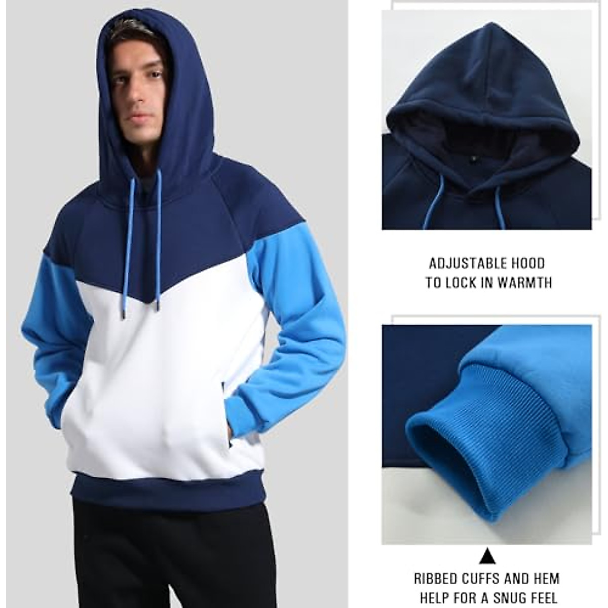 Niceif Men Casual Adult Pullover Hooded Sweatshirt Sportswear, Blue White L