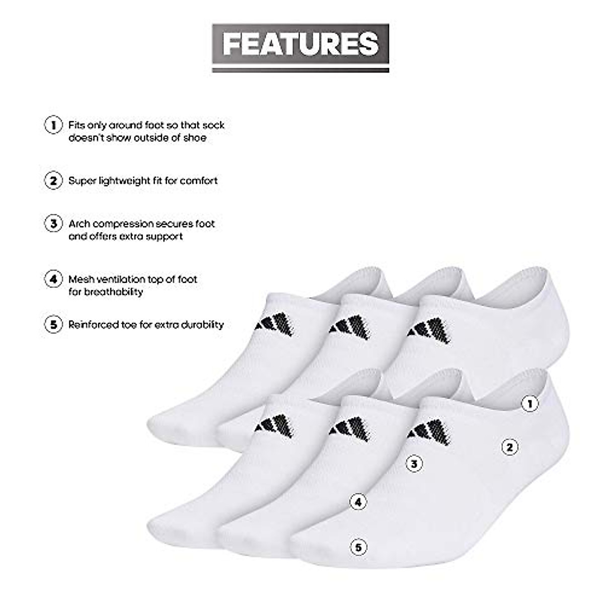 adidas Men's Superlite Super No Show Socks (6-Pair), White/Black, Large