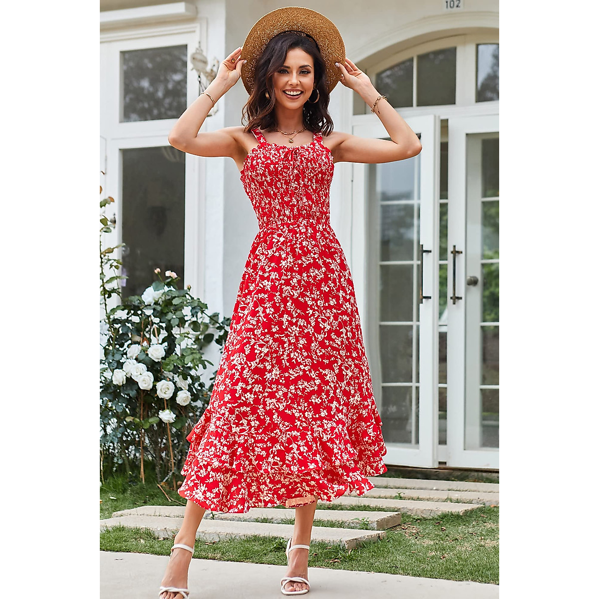 GRACE KARIN Women's 2025 Summer Floral Boho Dress Square Neck Strapped Swing A Line Sundress Beach Long Maxi OutfitsRed L