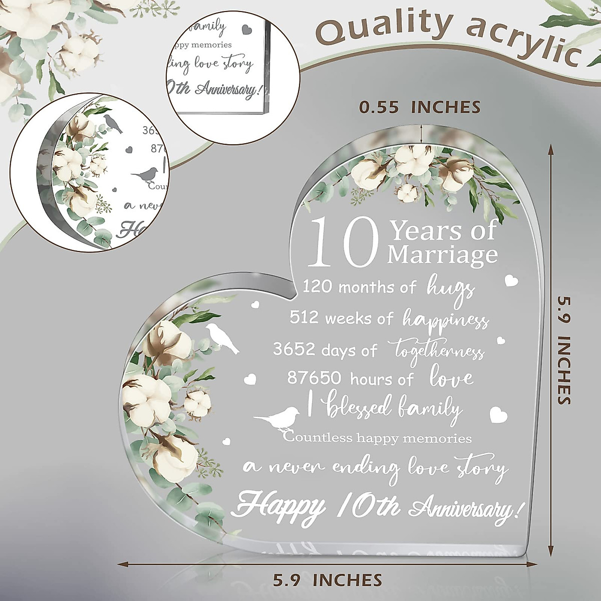 Wedding Gift for Her Years of Marriage Gift Happy Anniversary Present for Woman Acrylic Heart Marriage Keepsake for Wife Husband Girlfriend Boyfriend (10th Style)