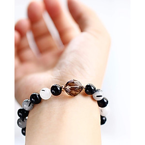 Jewever Triple Protection Bracelets Healing Energy Crystals Stones wealth bracelet for Women(Black Rutilated Quartz/Smoky Quartz/Obsidian 8mm)