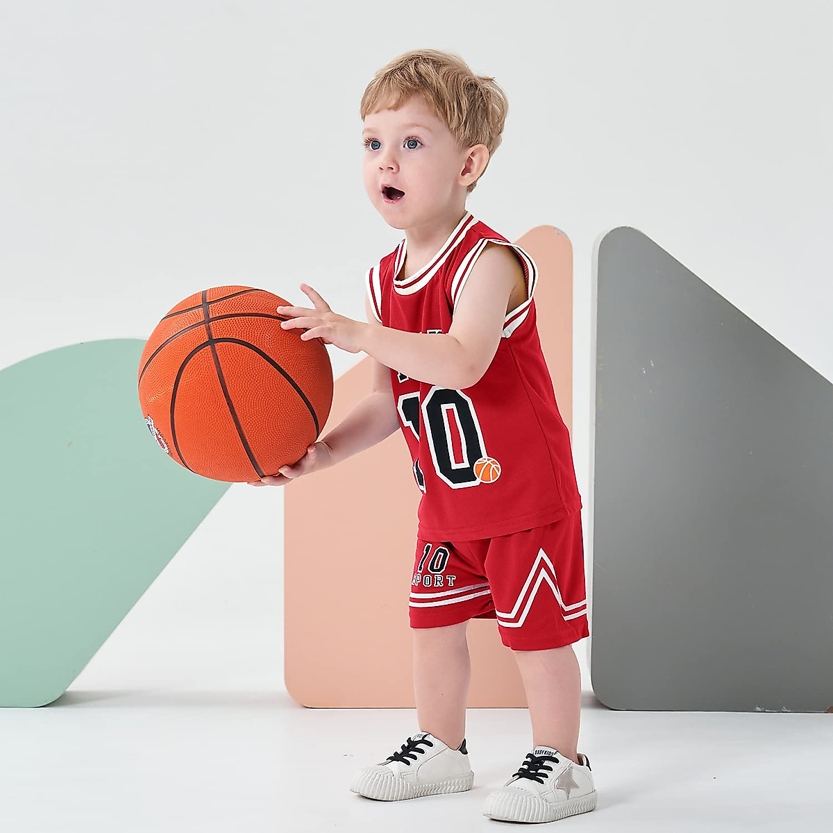 Volunboy Kids Sports Shorts Sets Boys Jerseys Tracksuit 2 Piece Basketball Performance Tank Top and Mesh Shorts Set (Red, 1-2T)