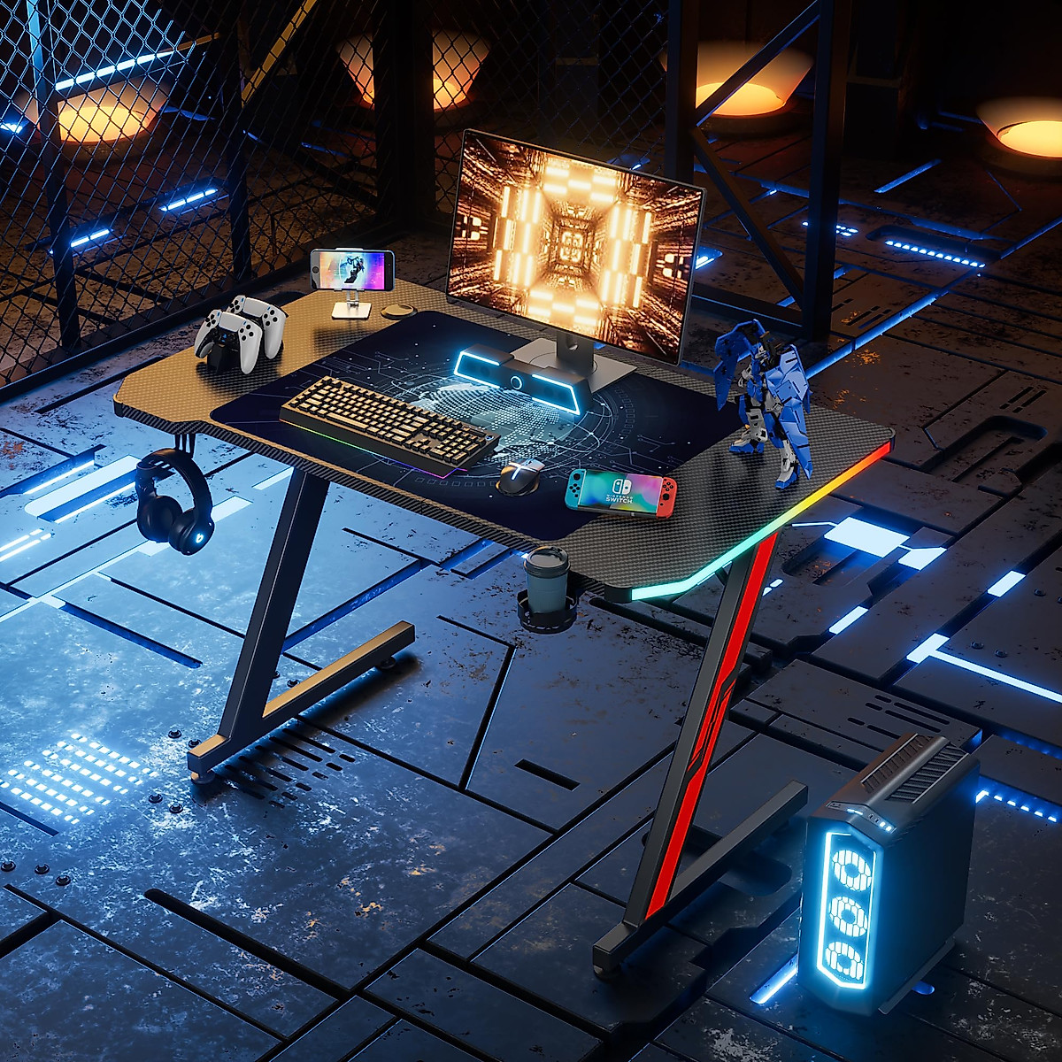 Homall Gaming Computer Desk with Carbon Fiber Surface, Gaming Table Z Shaped PC Home Office with Cup Holder&Headphone Hook(47 in, Black, Led Light)