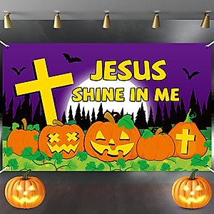 Halloween Christian Pumpkin Backdrop Banner Let Jesus Light Your Way Party Decor Halloween Jesus Pumpkin Background Wall Decor Halloween Religious Supplies for Kids Sunday School Decor 71 x 43 inch