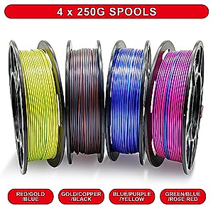 Reprapper 4X 250g Color Pack, Triple Color Filament Coextrusion PLA Filament 1.75mm for 3D Printer & 3D Pen, 4 Spools Silk Rose/Blue/Green, Red/Blue/Gold, Green/Blue/Yellow, Gold/Copper/Black