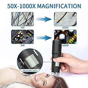 USB Digital Microscope 50X to 1000X, 8 LED Fill Light & Stand, Portable Handheld Mini USB WiFi Microscope Camera Magnifier, for Android Windows