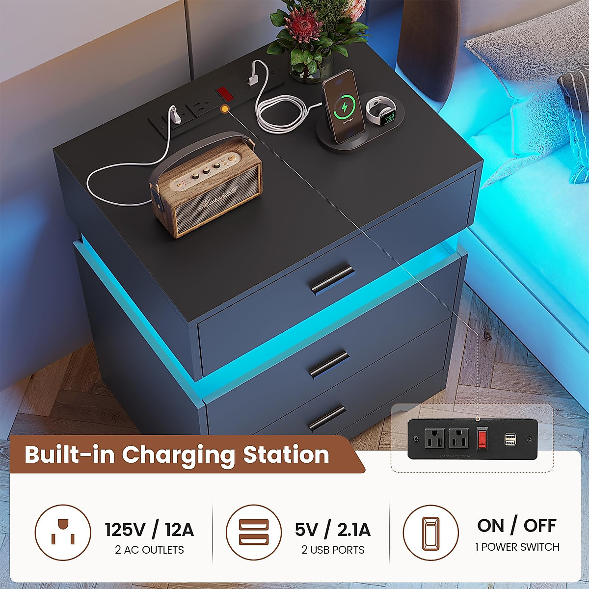 Hasuit Black Night Stand Set of 2 with LED Lights and Charging Station, Modern Nightstand with 3 Drawers, Bedside Tables/End Table for Bedroom