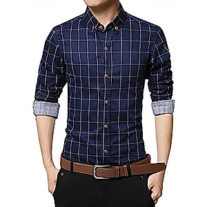 LOCALMODE Men's 100% Cotton Long Sleeve Plaid Slim Fit Button Down Dress Shirt,Navy Blue,Large