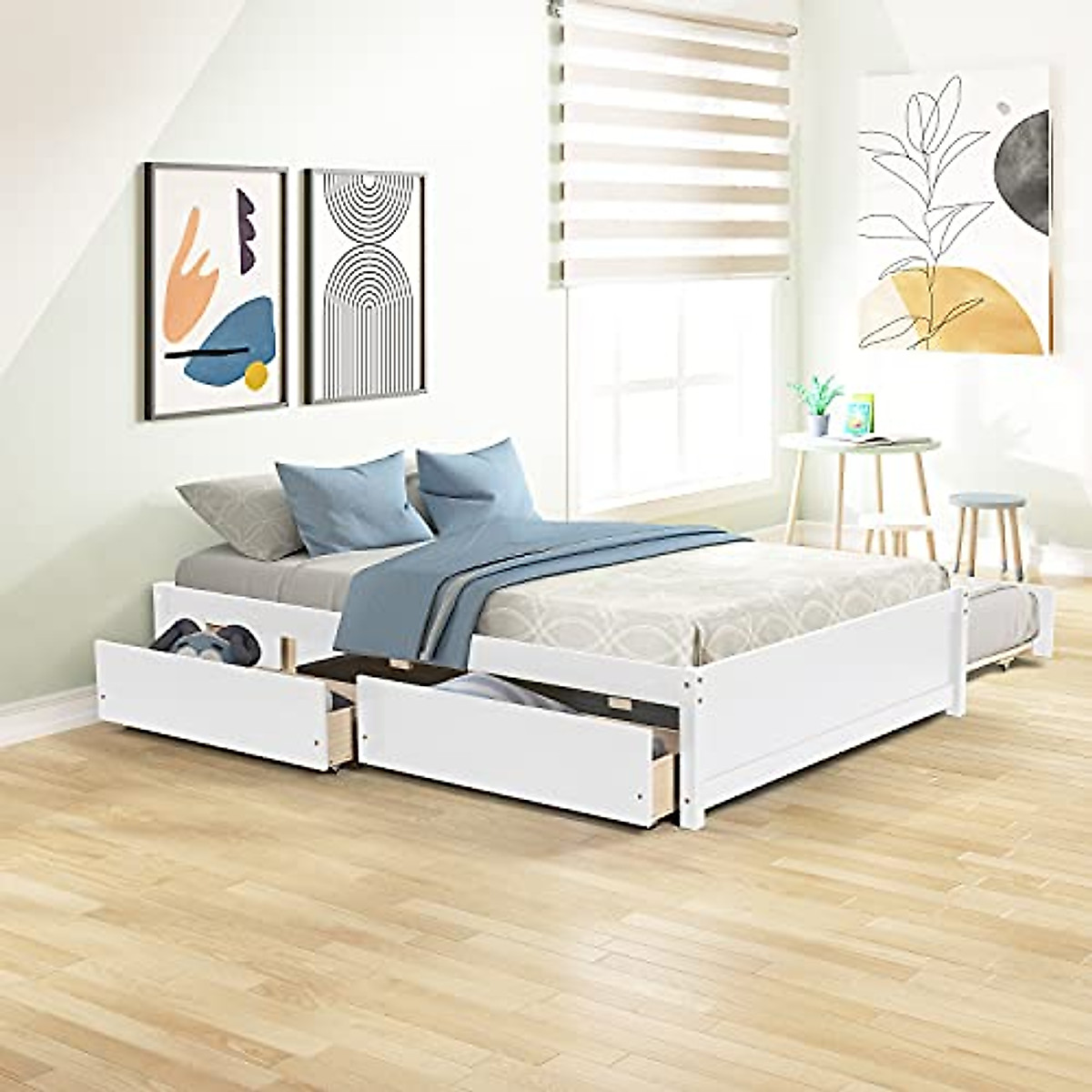 OPTOUGH Full Size Platform Bed with Trundle and 2 Drawers, Solid Wood Full Kids Beds, White