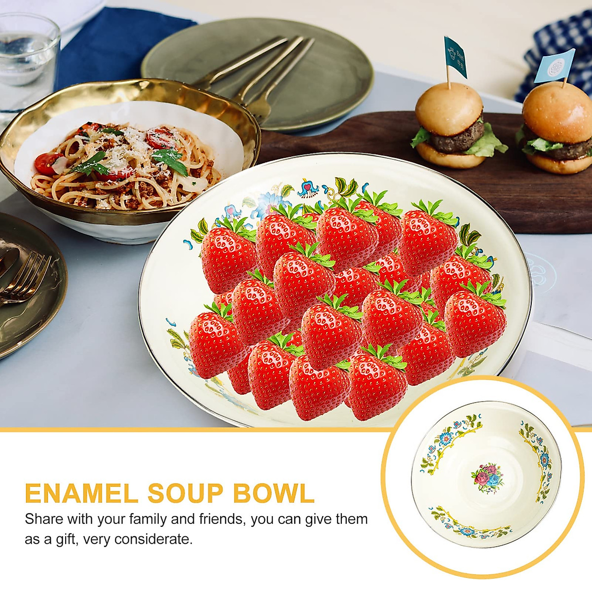 DOITOOL Enamel Plates Enamel Mixing Bowl Vintage Flower Large Salad Bowl Enamelware Washing Basin Chinese Style Soup Serving Bowl for Ramen Asian Dishes Cereal Rice Noodle Enamel Bowl