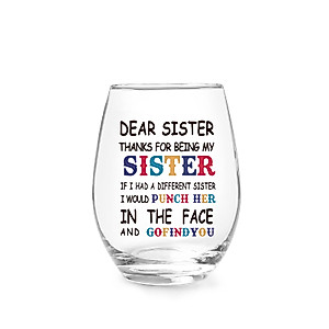 Jogskeor Thanks for Being My Sister Stemless Wine Glass 15oz, Sister Gift Friend Gifts for Birthday, Valentines, Christmas