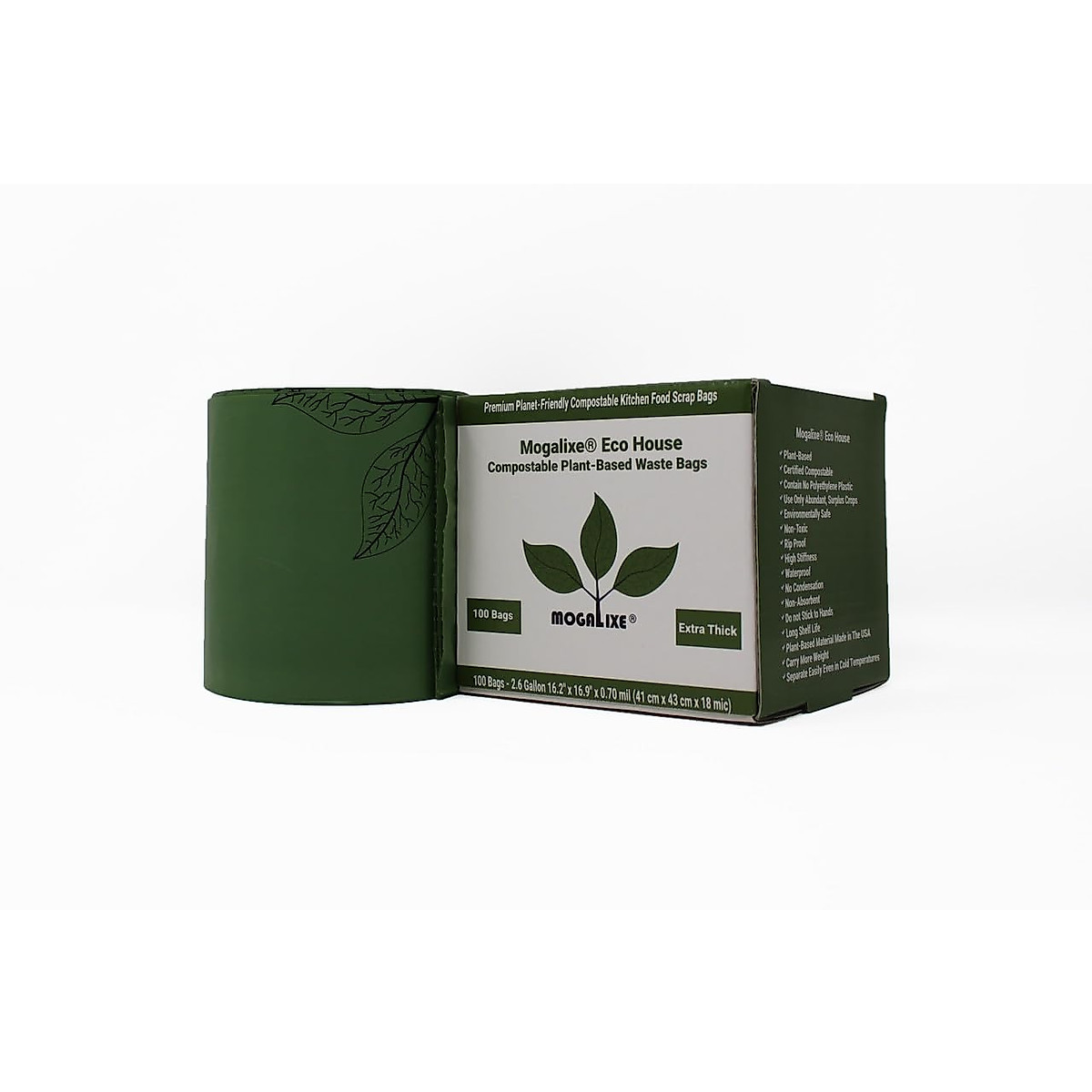 MOGALIXE Compostable Kitchen Compost Bags, 2.6 Gallon, 100 Count, Plant-Based, Extra Thick, ASTM D6400 Rated