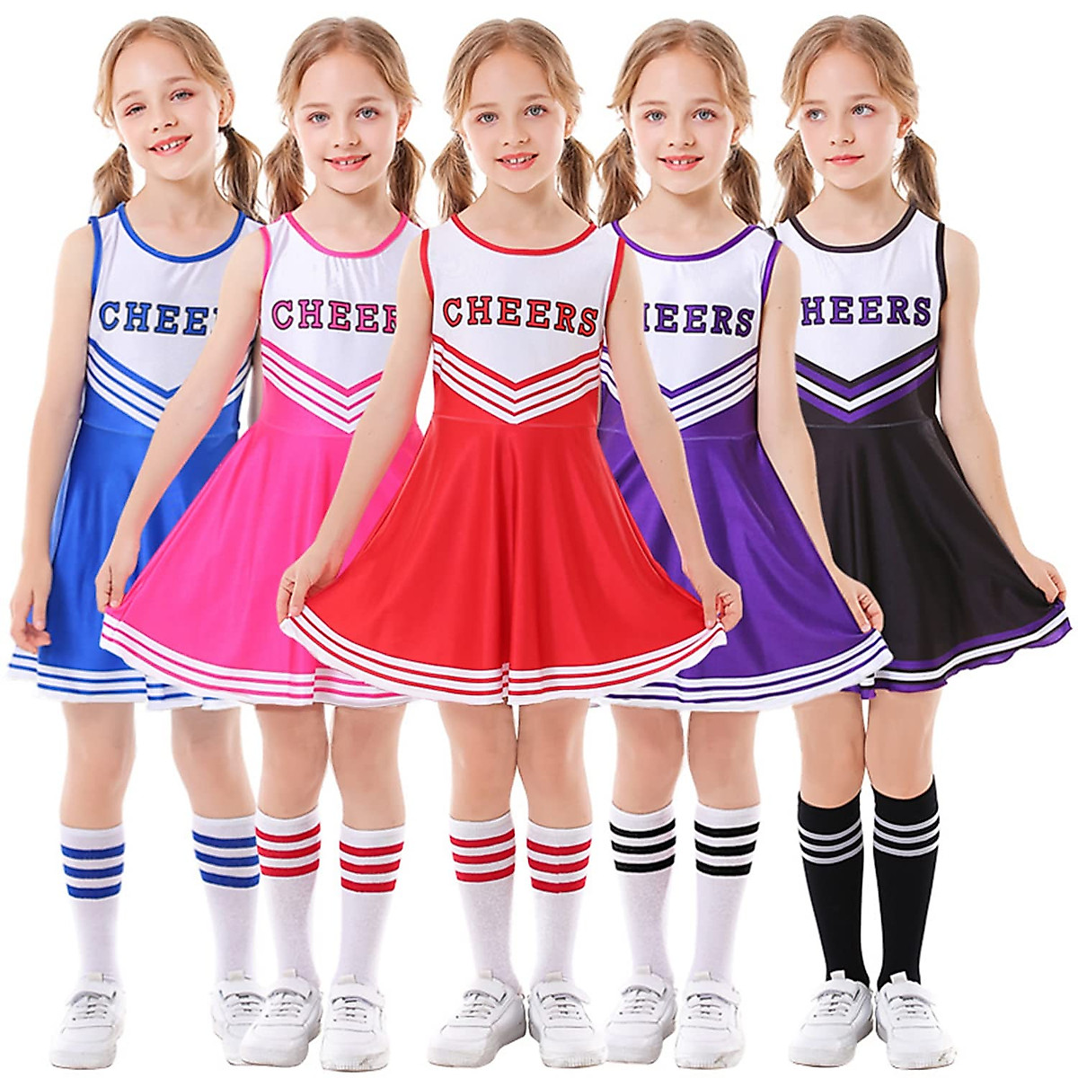 LOLANTA Girls Cheerleader Costumes Dresses Cheerleading Outfit Cheer Uniform with Pom Poms(10-12, purple)