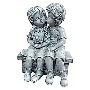 HANABASS Boy Kissing Girl Statue Sitting on Bench Figurine Kissing Couple Garden Sculpture Wife Gifts for Outdoor Lawn Yard Art Collection