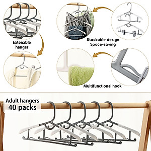 40 Kids Hangers with Clips Adjustable Hangers Grey Baby Hangers for Clothes Non Slip Childrens Hangers Toddler Hangers Kids Extendable Hanger with Hook Stackable Plastic Hangers with 20 Hanger Clips