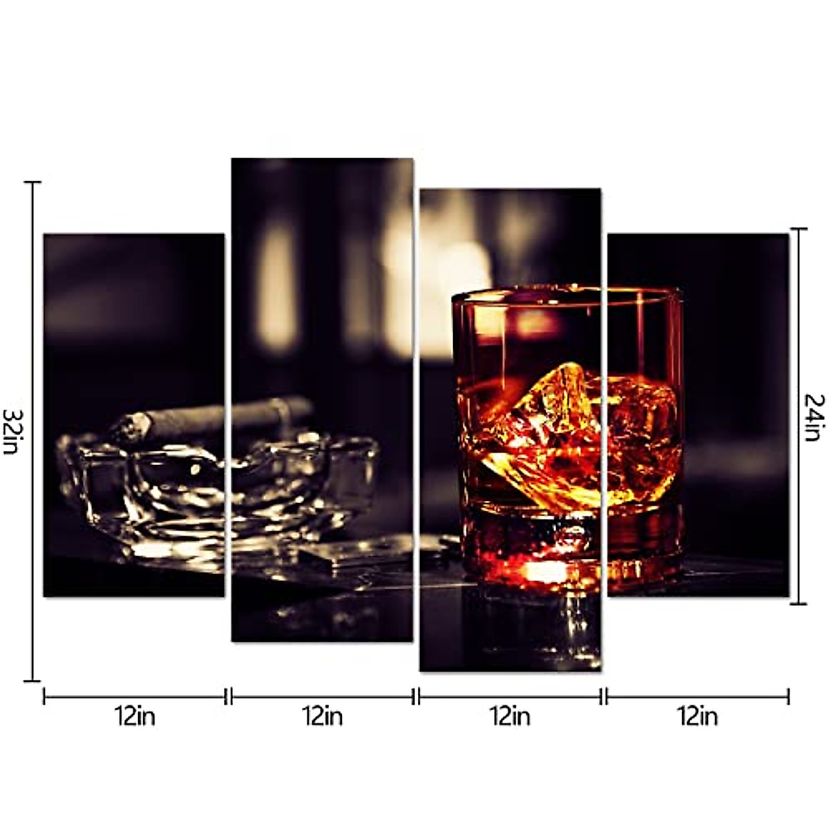 VVOVV Wall Decor - Brown Whisky In Cups With Ice Canvas Wall Art Print Wine Painting Framed Pictures Smoking Cigar Ashtray Poster Giclee Artwork Wall Decor Kitchen Bar