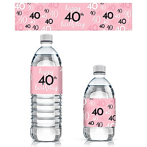 Pink, Black, and White 40th Birthday Party Water Bottle Labels - 24 Waterproof Wrappers, Pink Birthday Decoration for Women
