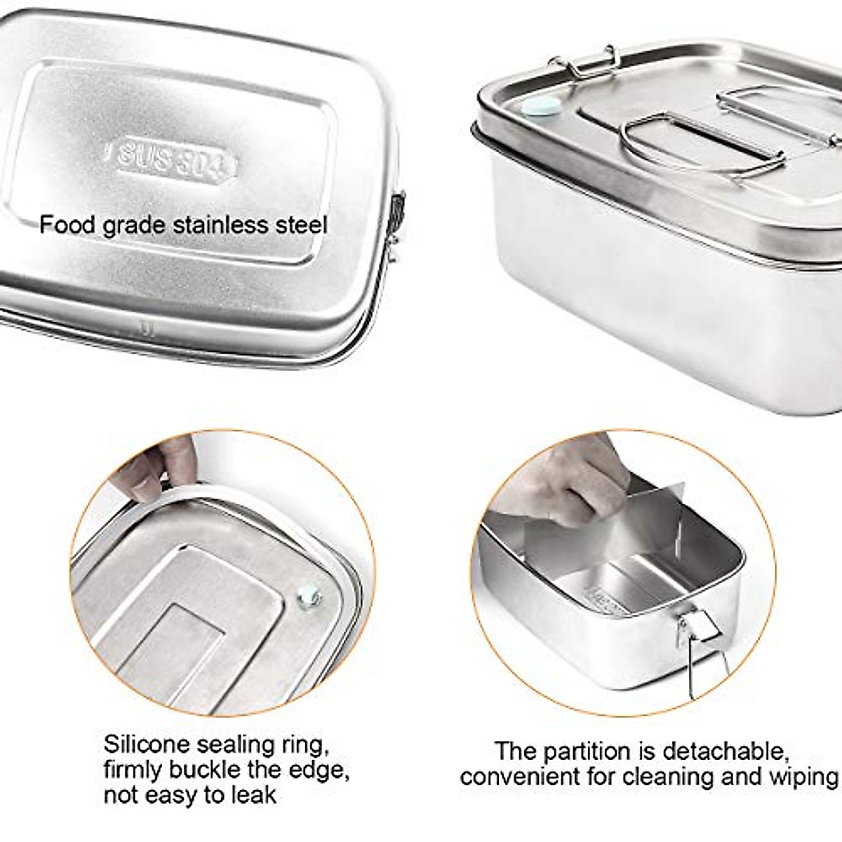 TargetEvo Stainless Steel Bento Lunch Box 1100ml, Leakproof Metal Food Container for Kids and Adults, With Removable Dividers, Dishwasher Safe