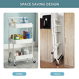 Amatic 3 Tier Foldable Metal Rolling Cart, Collapsible Rolling Storage Organizer with Wheels, Folding Laundry Utility Cart for Kitchen & Office, Include 3 Hanging Cups & 6 Hooks (White)