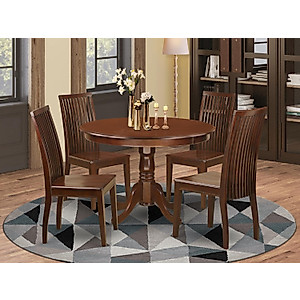 East West Furniture HLIP5-MAH-W 5 Piece Dining Room Table Set Includes a Round Dining Table with Pedestal and 4 Wood Seat Chairs, 42x42 Inch, Mahogany