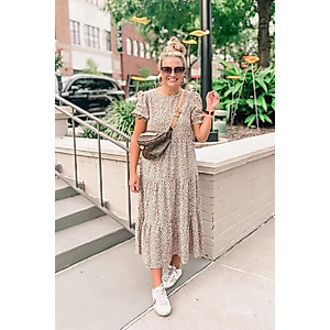 PRETTYGARDEN Women's Summer Casual Boho Dress Floral Print Ruffle Puff Short Sleeve Flowy Midi Beach Party Dresses (Apricot,Small)