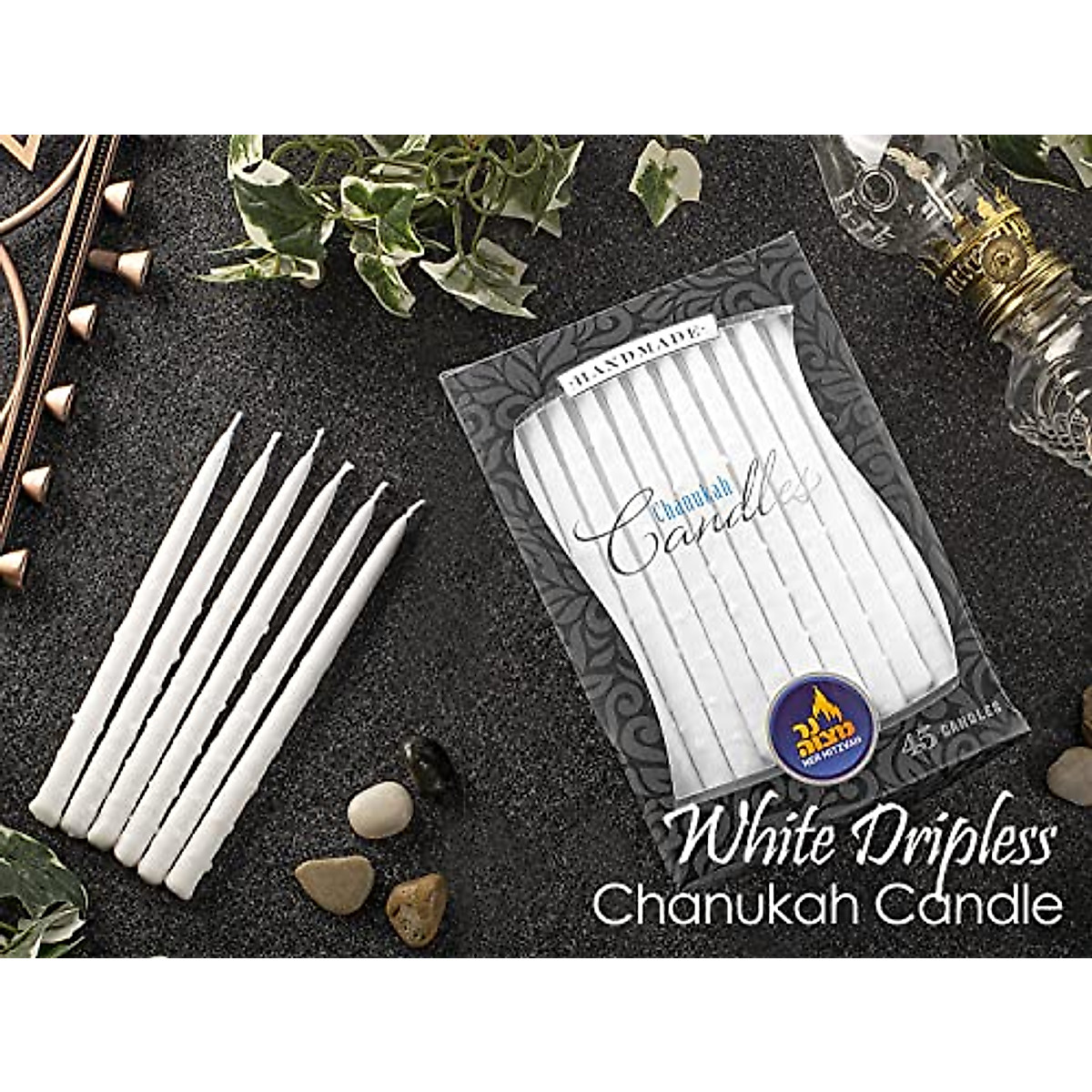 Dripless Chanukah Candles Standard Size - Textured White Hanukkah Candles - Fits Most Menorahs - Premium Quality Wax - 45 Count for All 8 Nights of Hanukkah - by Ner Mitzvah