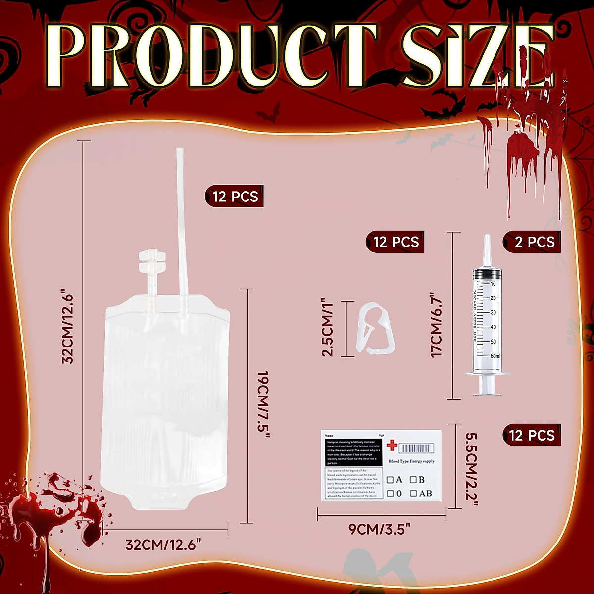 12 Pack Halloween Blood Bag Drink Containers, Reusable IV Blood Bags Pouches for Vampire Cosplay, Nurse, Medical, Horror Party Decorations, Doctor Nursing/RN Graduation, 12 Fl. Oz. Each + 2 Syringes