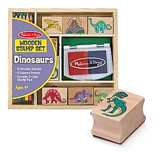 Melissa & Doug Wooden Stamp Set: Dinosaurs - 8 Stamps, 5 Colored Pencils, 2-Color Stamp Pad - FSC Certified