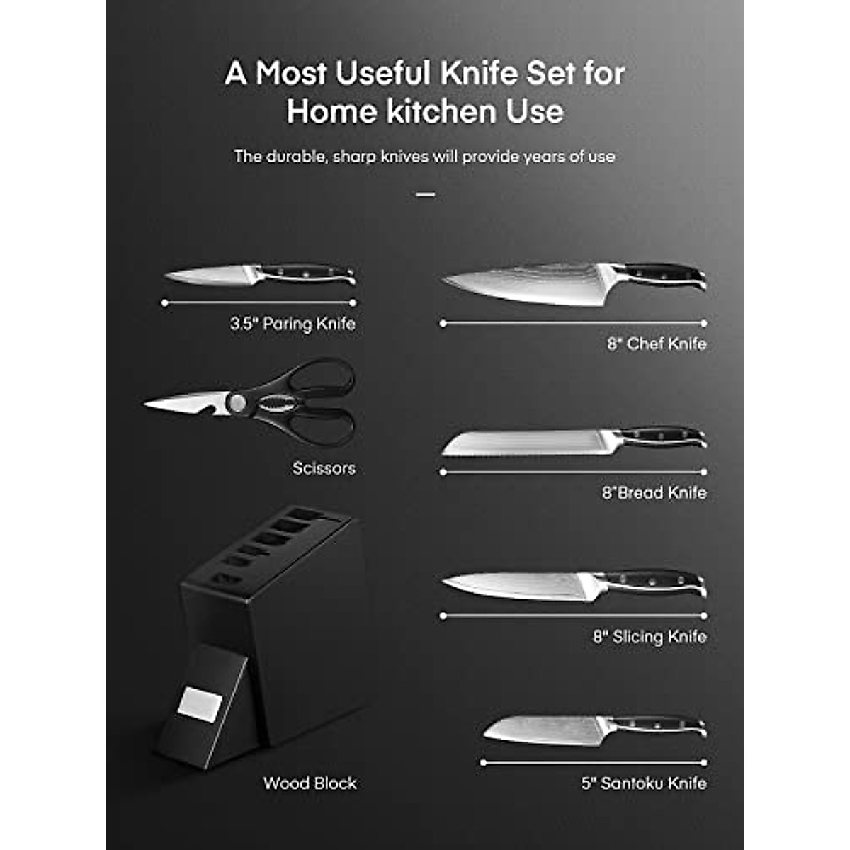 Knipan Knife Set with Block, Damascus Steel Kitchen Knives 7 Piece, Ultra Sharp AUS-10 Japanese Steel Knife Block Sets with Full Tang Handle, Black