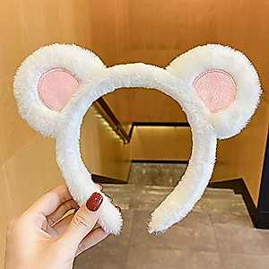 BYBYCD Plush Bear Ear Headband Hair Hoop Head Wrap Wash Face Non Slip Hairbands For Girls Women(white&pink)