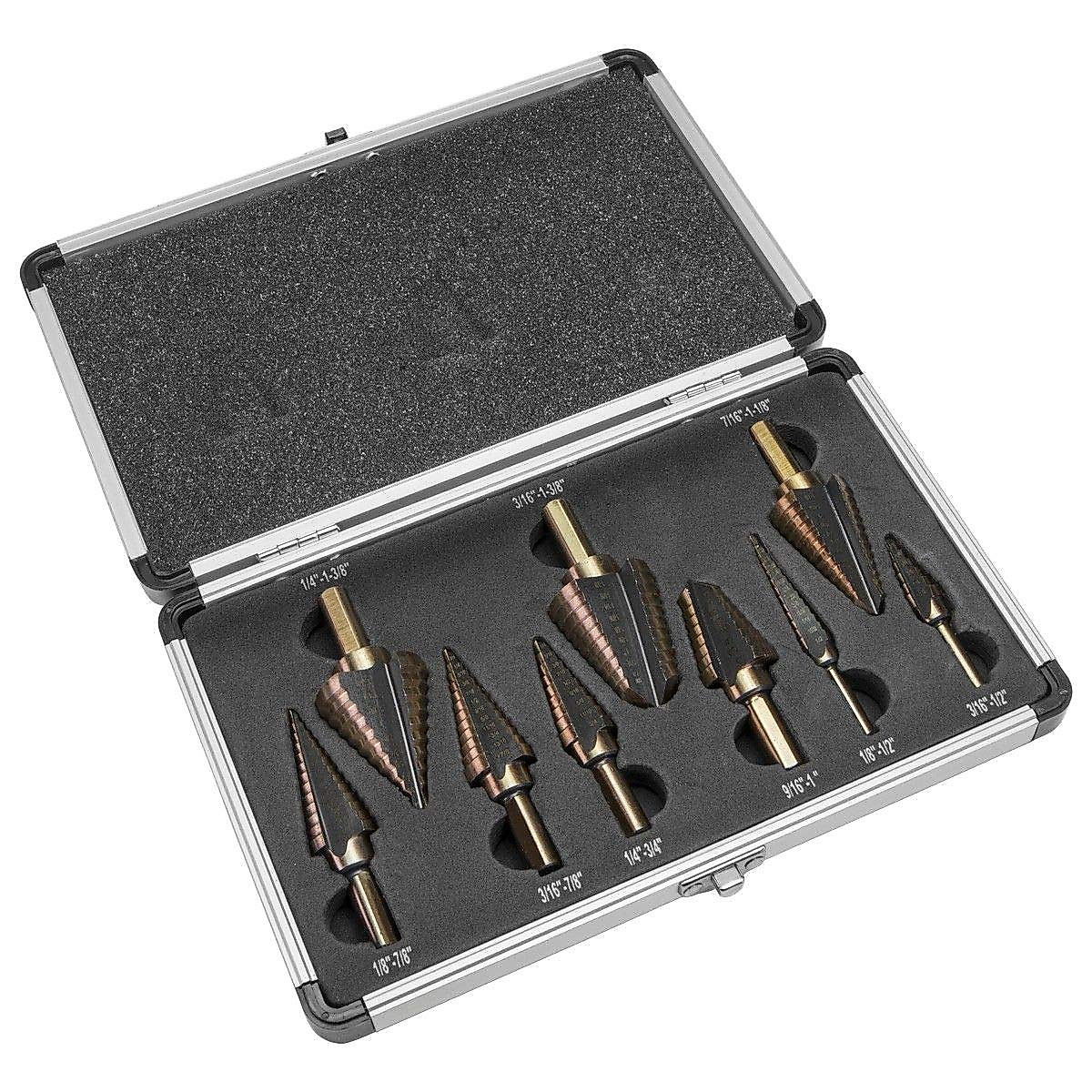 Stark 9-Pieces Step Drill Bit Set Unibit, Titanium Coated, Double Cutting Blades, High Speed Steel, Short Length Drill Bits With Case