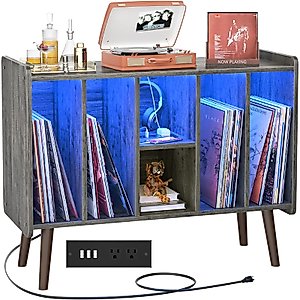 Unikito Record Player Stand with LED Light, Vinyl Record Storage Table with 6 Cabinet, Record Player Stand with Storage and Sockets, Record Display Shelf Wood Legs for Bedroom Living Room, Gray Oak
