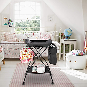 JOYMOR 2-in-1 Folding Baby Changing Table, Moblie Diaper Table for Infant, Portable Diaper Changing Station with Wheels, Large Storage Basket ＆ Shelf Portable Nursery Organizer