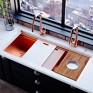 Strictly Sinks 45” Copper Workstation Sink - 16 Gauge 45 Inch Stainless Steel Sink - 2-Tier Undermount Kitchen Sink with 2 Square Strainer Drains, 1 Disposal Adapter, & 6 Workstation Sink Accessories