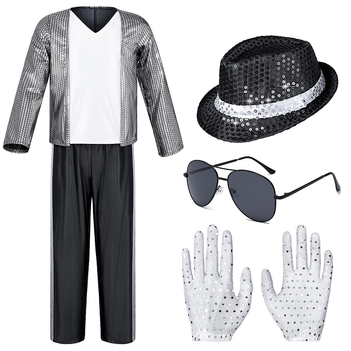 Dance Star Costume for Kids 80s 90s Pop Stage Cosplay Party Halloween Role Play 8-10 Years White Black