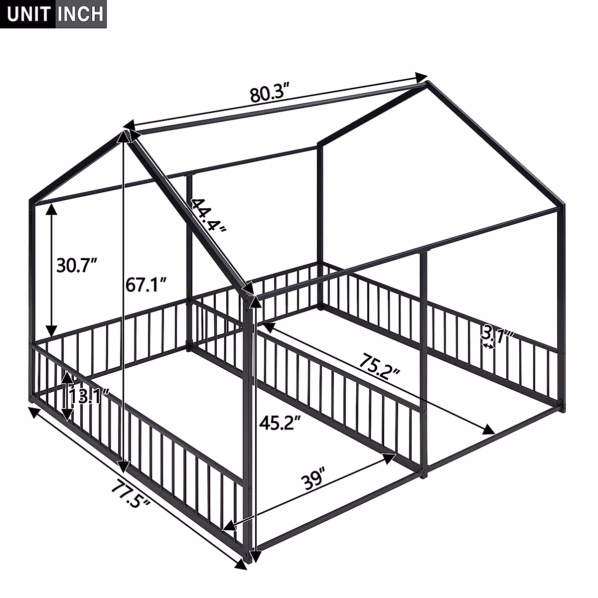 DNYN Twin Size Double Platform Beds with Roof and Fence Deisgn for Kids Bedroom,Sturdy Steel House Shaped Floor Bedframe,No Box Spring Needed & Space Saving,Perfect for Boys and Girls, Black