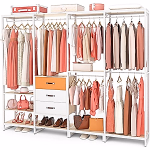 Cyclysio 84'' Heavy Duty Closet System, Large Wooden Garment Rack, L Shape Corner Walk-in Closet, Clothing Rack with Shelves, Closet Organizer System with 11 Shelves, 3 Wood Drawers, 6 Rod, White