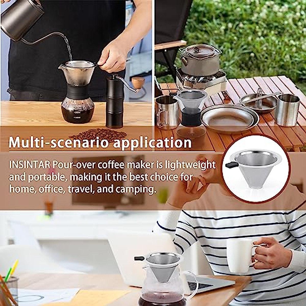 INSINTAR Pour Over Coffee Dripper Reusable Stainless Steel Pour Over Coffee Maker Cone Coffee Dripper Slow Drip Paperless Coffee Filter for 1-2Cup