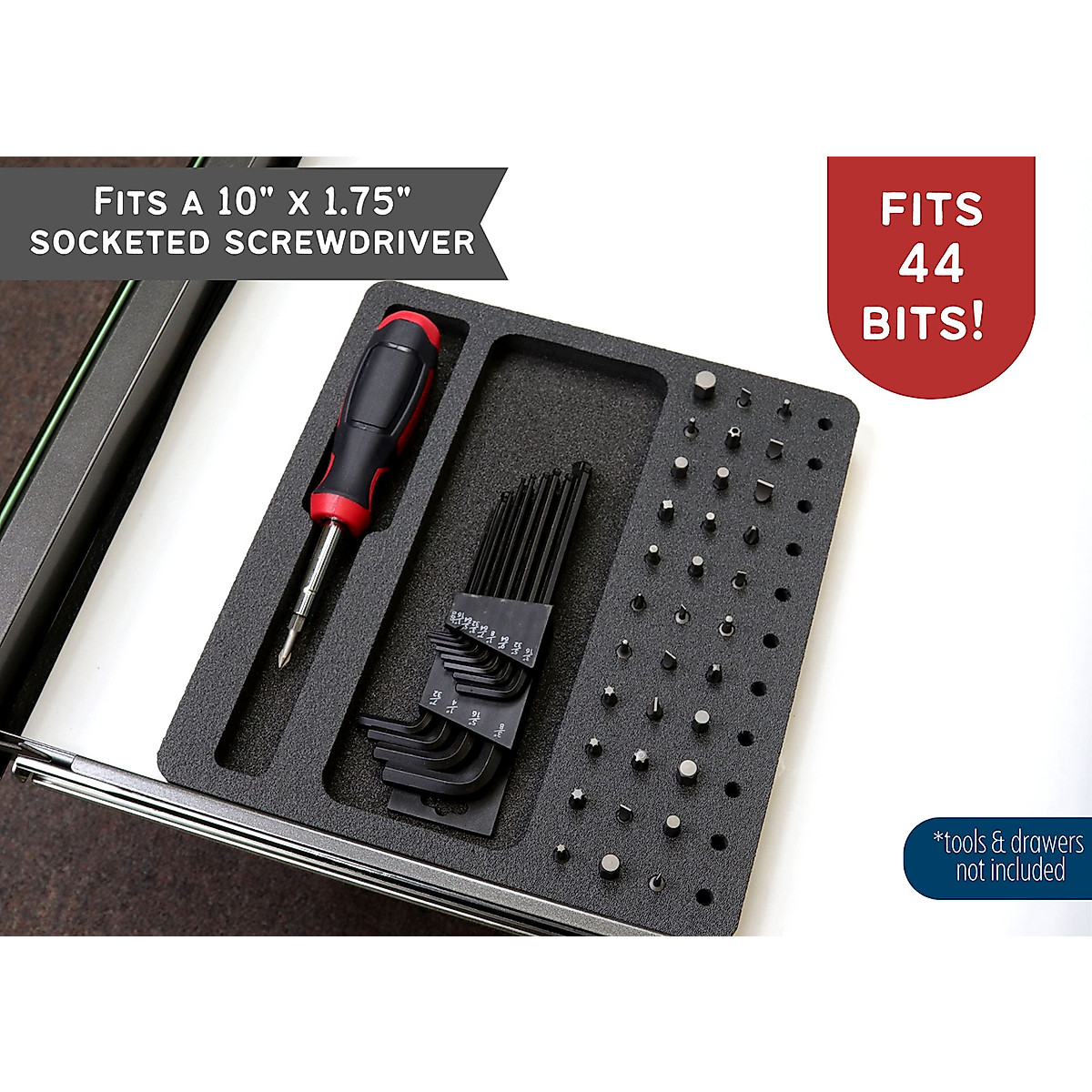 Polar Whale Tool Drawer Organizer Socketed Screwdriver Holder Insert Black Durable Foam Tray Holds Drivers Up To 10 Inches Holds 44 Bits Fits Craftsman Husky Kobalt Milwaukee Many Others