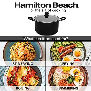 Hamilton Beach Nonstick Covered Stockpot 8-Qt - Black Aluminum Stockpot with Soft Touch Bakelite Handle & Glass Lid - Flared Edge - Spiral Bottom, Multipurpose Use - Durable & Dishwasher Safe