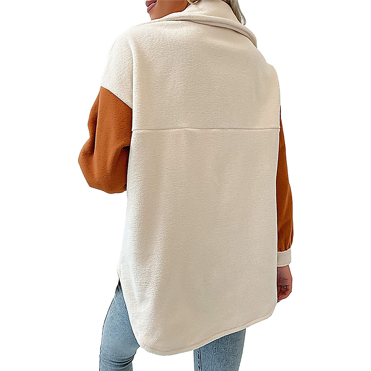 SOMTHRON Women's Fleece Cardigan Long Sleeve Shacket Sherpa Shirt Jacket Patchwork Button Down Lapel Collar Blouses Tops AP-L