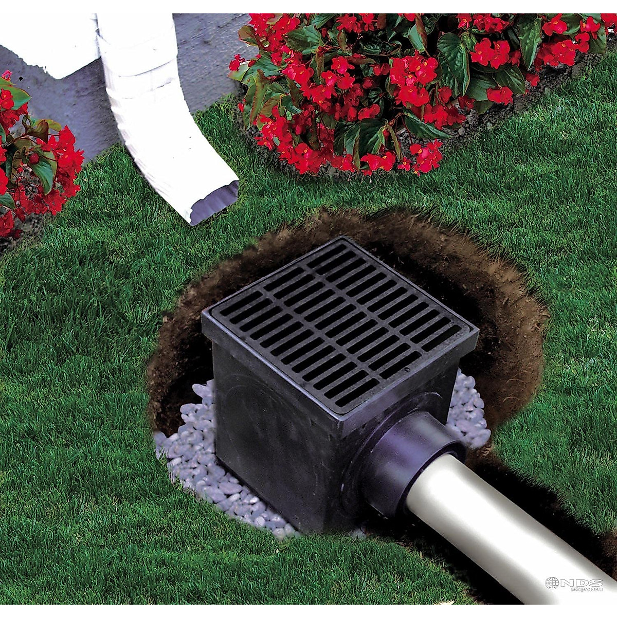 NDS 900BKITRTL1PK Square Kit with 2-Opening Catch Basin, 2 Adapters, 1 Outlet Plug, and 1 Plastic Drain Grate, 9-Inch, for Lawns, Landscaped Areas, Black