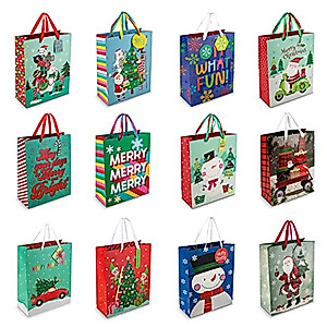 Bulk Christmas Gift Bags Large -12 Cute and Fun Designs- Large Christmas Bags for Gifts with Christmas Tissue Paper Gift Wrap Set-Holiday Gift Bags -Large Xmas Gift Bags-12.75"X10.25"X4.5" inches