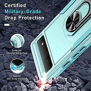 Google Pixel 6a 5G Case with Screen Protector + Camera Lens Protector,Heavy Duty Shockproof Full Body Protective Phone Cover,Built in Rotatable Magnetic Ring Holder Kickstand,2022 Mint Green